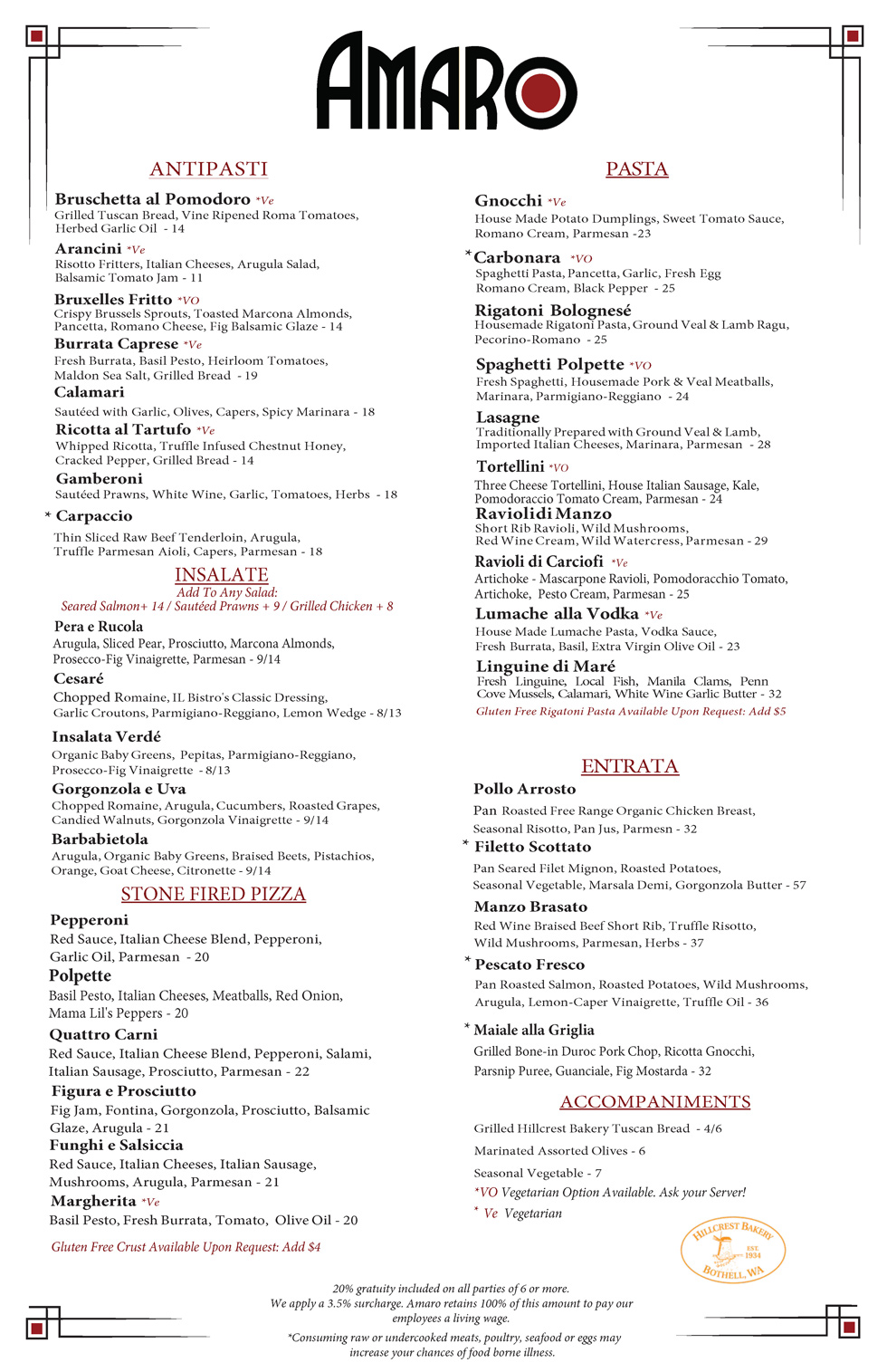 Dinner Menu - Bothell Italian Restaurant Amaro Bistro