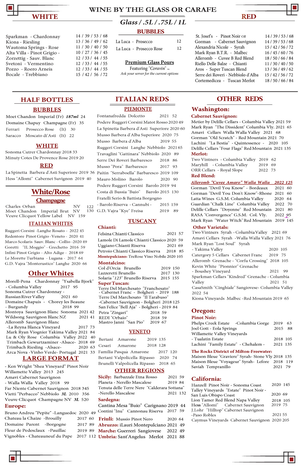 Dinner Menu - Bothell Italian Restaurant Amaro Bistro